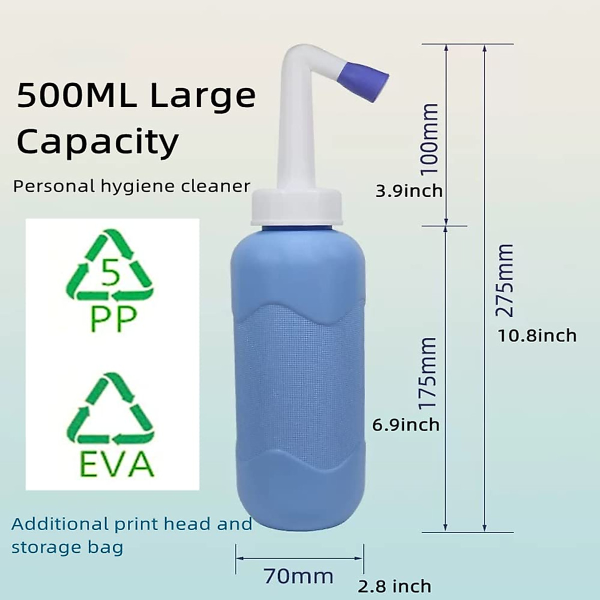 Portable Travel Bidet Handheld Bottle -17oz(500ml) for Personal Cleansing Extended Nozzle - Personal Hygiene Care Toilet Bidet Spray -with Storage Bag and 2 Nozzles