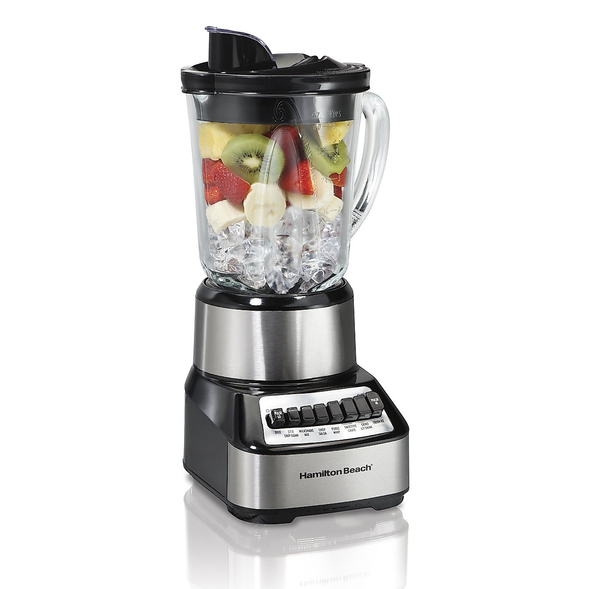 Hamilton Beach Wave Crusher Blender For Shakes and Smoothies With 40 Oz Glass Jar and 14 Functions, Ice Sabre Blades & 700 Watts for Consistently Smooth Results, Black + Stainless Steel (54221)