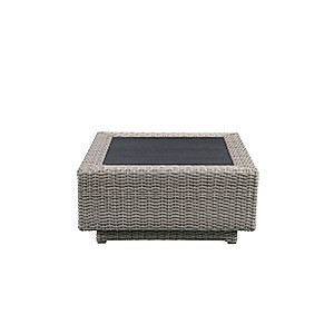 DHPM Furniture PE Brown Rattan Wicker Sectional Outdoor Sofa Set Outside Couch w/Washable Seat Cushions & Modern Glass Wedge Table for Patio, Backyard, Gray