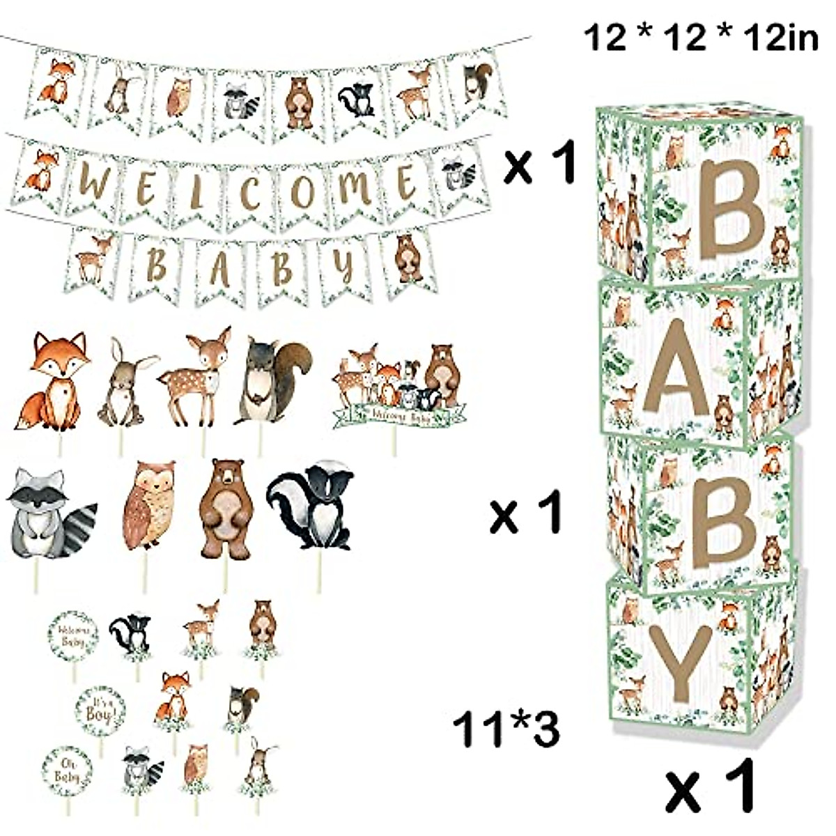 HEETON Woodland Baby Shower Party Supplies Decorations Boxes Fox Balloon Oh Baby Welcome Baby Banner Creatures Fawn Animal Friends Garland Backdrop Cake Cupcake Topper for Girl Boy Gender Reveal