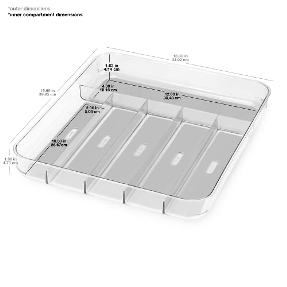 madesmart Silverware Tray - Large | Light Grey | Clear Soft Grip Collection | 6-compartment | Soft-grip Lining | Non-slip Feet | BPA-free