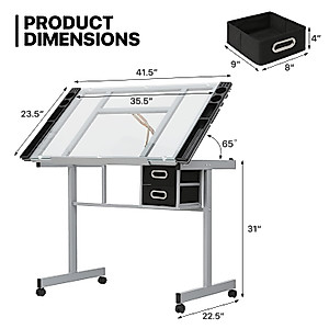 MoNiBloom Drafting Table on Wheels with Storage & Side Tray - Adjustable 0-65° Glass Tabletop, Replaceable Feet Art Desk