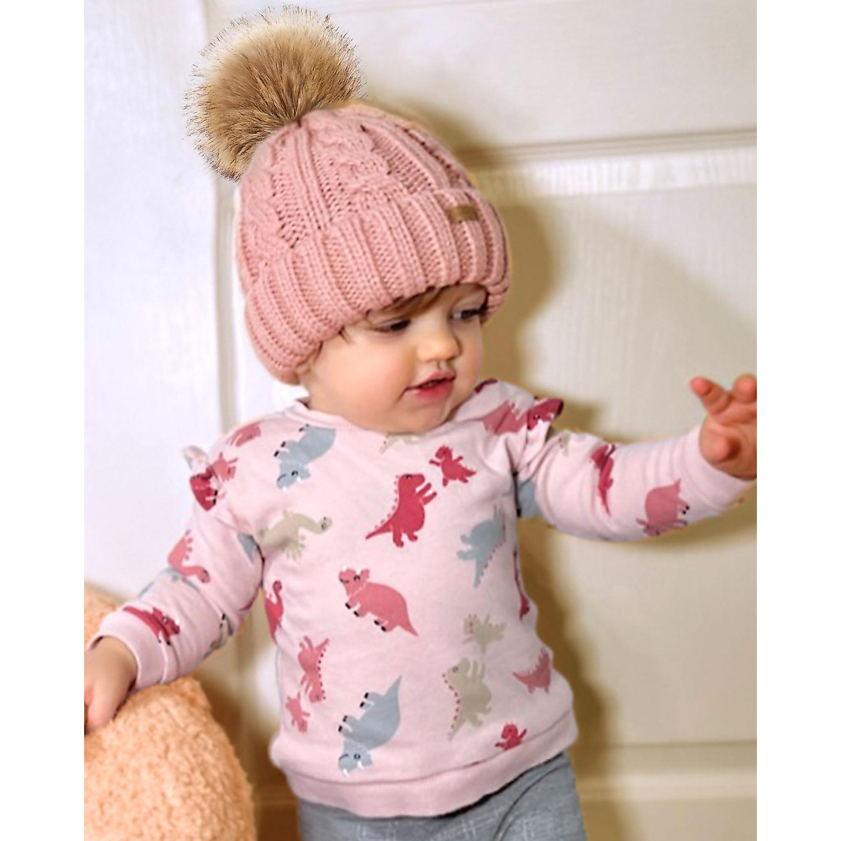 Camptrace Baby Winter Hat Toddler Beanie Baby Girls Boys Hat Warm Faux Fur Pom Kid Chunky Knitted Thick Snow Cap Pink 2-6T
