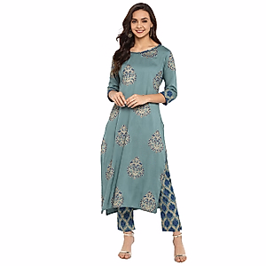 Janasya Indian Women's Tunic Tops Rayon Kurti Set for Women(SET094-KR-NP-S) Turquoise