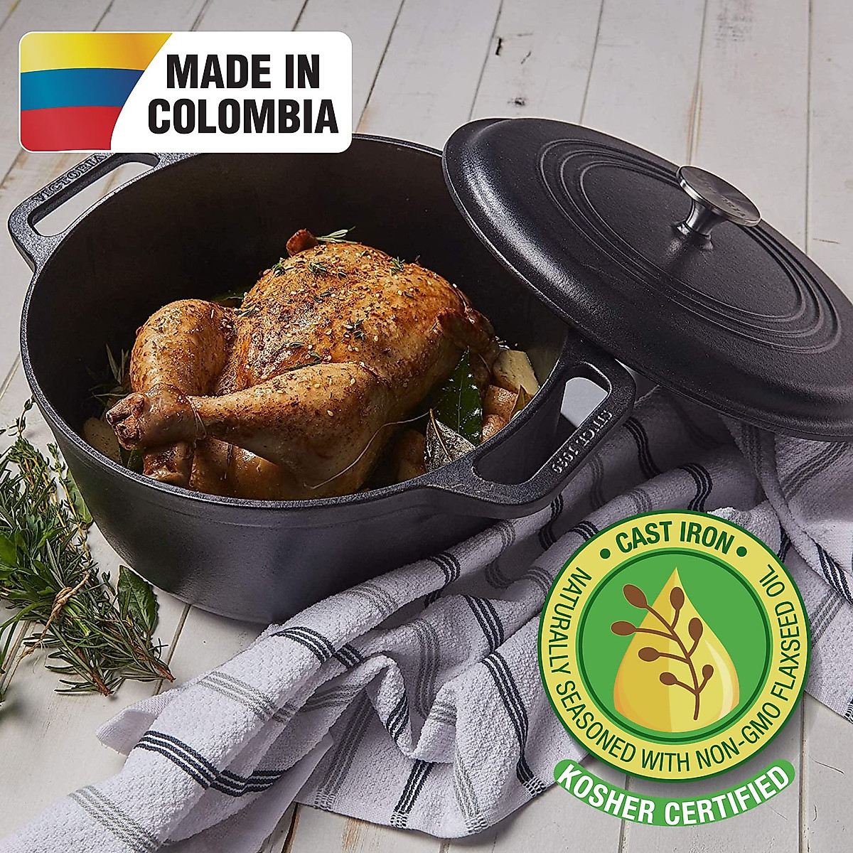 Victoria 7-Quart Cast Iron Dutch Oven with Lid and Dual Loop Handles, Seasoned with Flaxseed Oil, Made in Colombia, Black