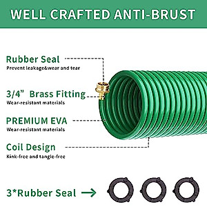 Coil Hose 25ft,EVA Recoil Garden Hose Brass Connector,Coiled Water Hose Lightweight and No Kink Includes 10 Patterns Spray Nozzle for Outdoors Lawn Watering,Car Washing Green