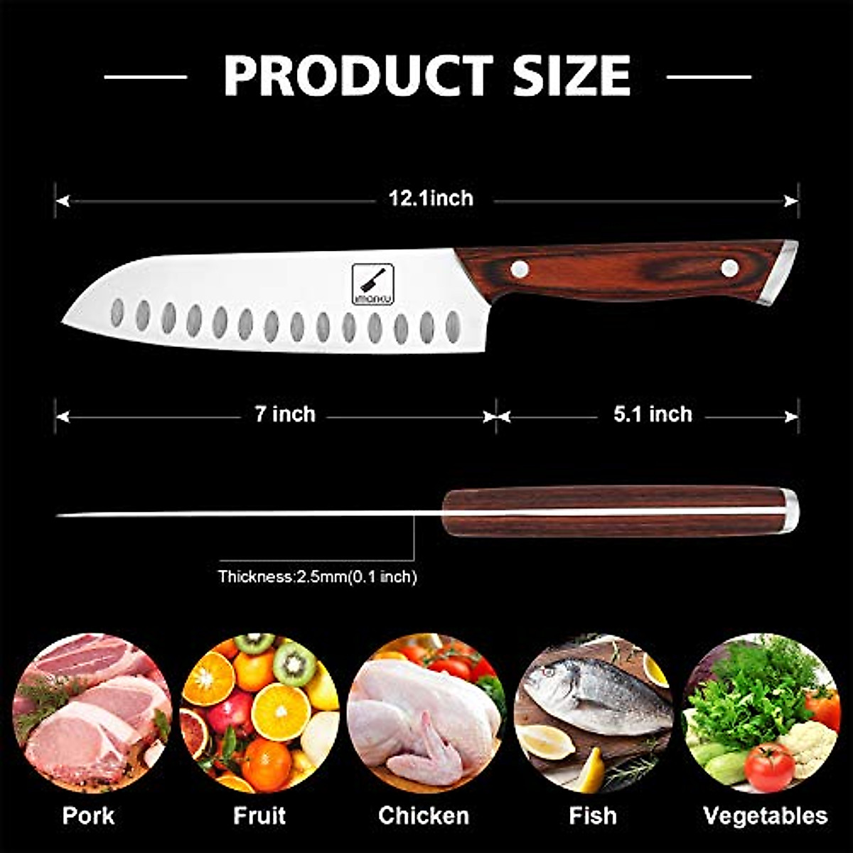 imarku Kitchen knife, 7’’Santoku Knife, German High Carbon Steel Chopper Knife, Professional Chef Knife with Ergonomic Handle, Extremely Sharp＆Durable