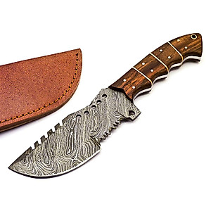 Rare Custom Blood Grooved Damascus Tracker Survival Knife Skinning Knife Hunting Knife Outdoor Knife Camping Knife | Full Tang Handle with Free Genuine Leather Sheath (TR-80)