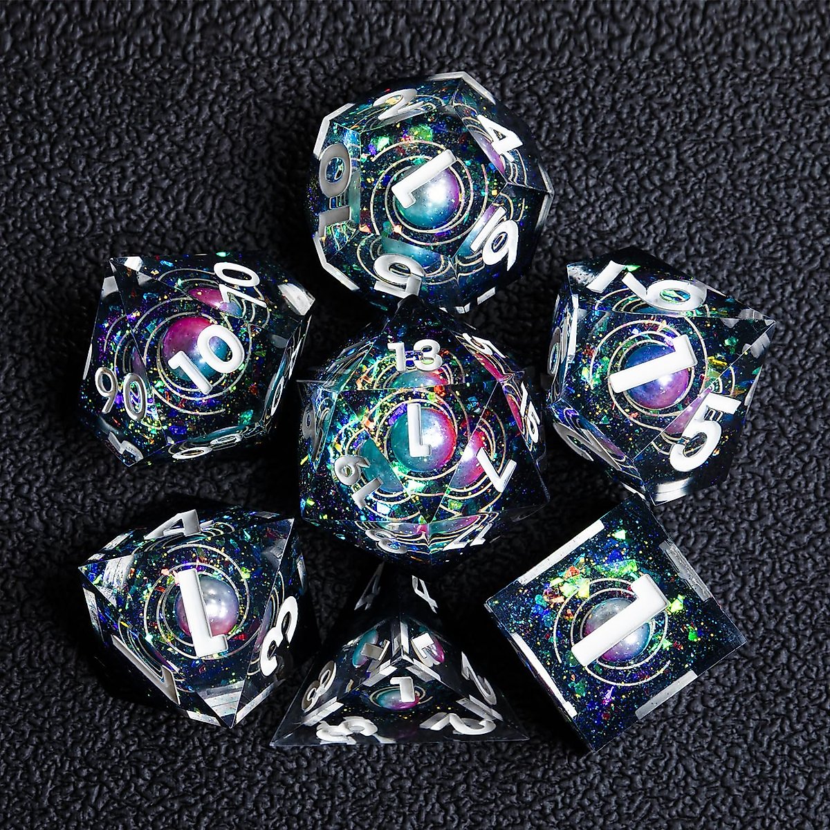 AUSPDICE DND Dice Set Handcrafted Designer 7-Die Polyhedral RPG Dice with Sharp Edges and Beautiful Inclusions for Aesthetic Conscious Tabletop RPG Player Galaxy Series (Dark Color)