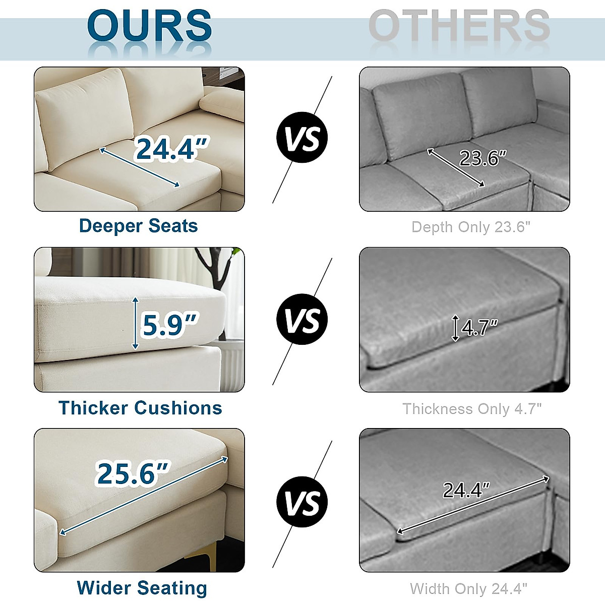 VINGLI 110" Modern U Shaped Sectional Couch with 51"D Double Chaise for Living Room, Beige Deep Seat Sectional Sofa Sets with 5.9" Thickness Seating Padding for Home Furniture,Linen Fabric,Metal Legs