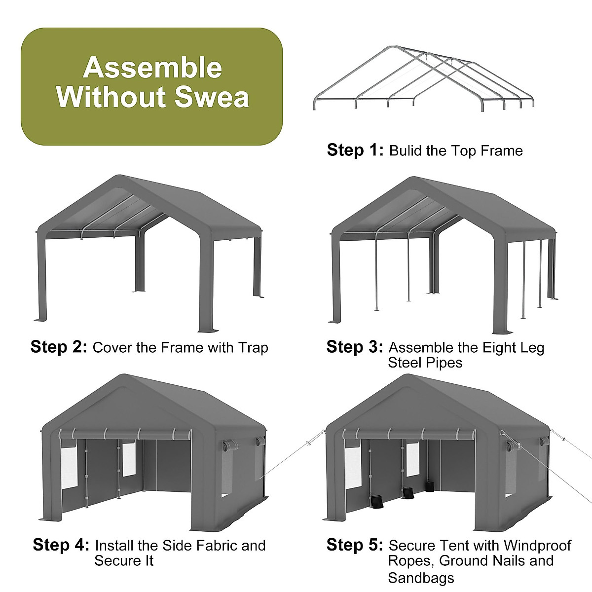 Carport 13x20ft Portable Upgraded Garage，Heavy Duty Carport with 4 Roll-up Doors & 4 Ventilated Windows, UV Resistant All-Season Waterproof Tarp, Reinforced Steel Poles, for Car, Truck, Boat