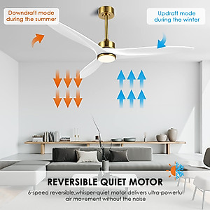 WINGBO 60 Inch DC Ceiling Fan with Lights and Remote Control, 3 Reversible Carved Wood Blades, 6-Speed Noiseless DC Motor, Modern Ceiling Fan in Brass Finish with White Blades