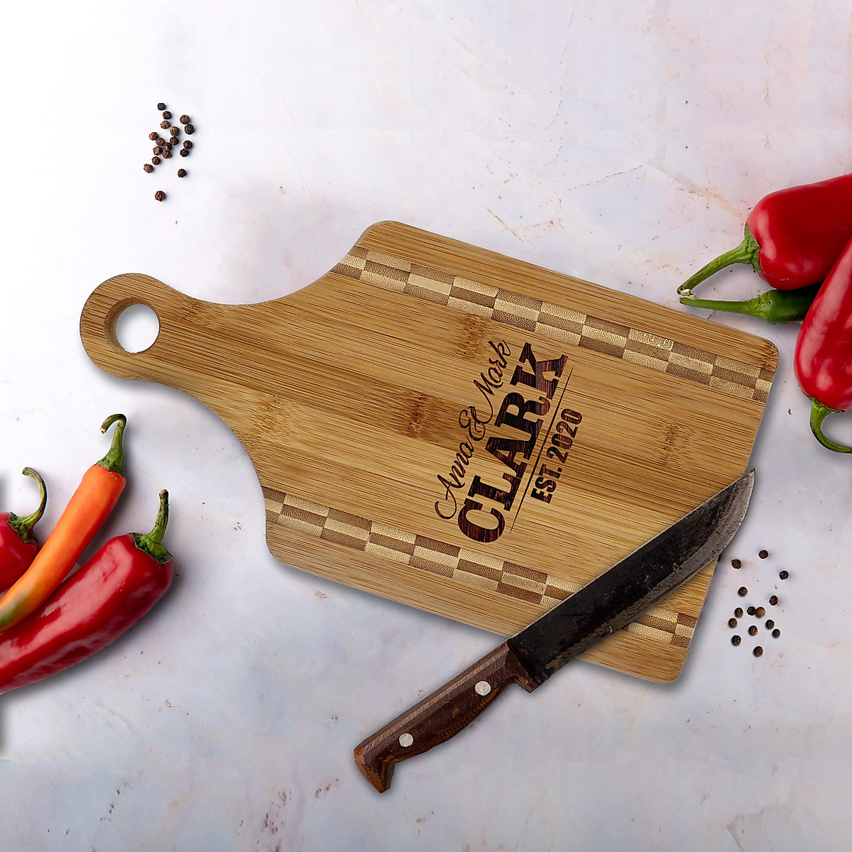 Deluxe Personalized Wedding Anniversary Couples Bamboo Cutting Board (Paddle 13.15")