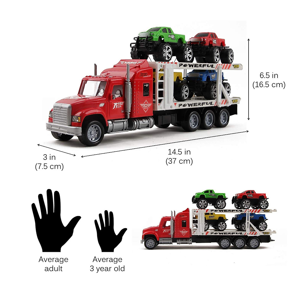 Vokodo Friction Powered Toy Semi Truck Trailer 14.5" With Four Lifted Pickup Cars Kids Push And Go Big Rig Carrier 1:32 Scale Auto Transporter Semi-Truck Play Vehicle Great Gift For Children Boys Girl