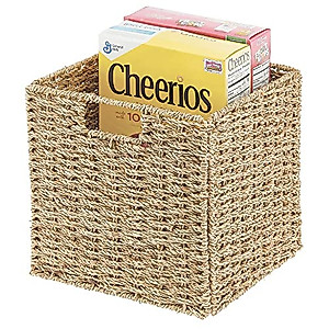 mDesign Seagrass Woven Cube Storage Bin Basket Organizer with Handles for Kitchen Pantry, Cabinet, Cupboard - Shelf and Cubby Organization, Holds Food, Drinks, Snacks, Appliances - 4 Pack, Natural/Tan