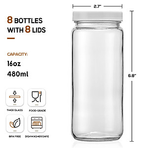 [ 8 Pack ] 16 OZ Reusbale Glass Juicing Bottles w Airtight Lids & 2 Straws & 2 Lids w Hole - Drinking Jars, Travel Water Cups - Tall Mason Jar for Juice, Boba, Smoothie, Tea, Kombucha, Homemade Drinks