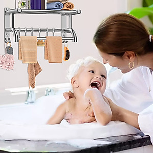 Towel Racks for Bathroom wall mounted, Adjustable 15 to 26 Inch Double Towel Bar for Bathroom, Favbal 304 Stainless Steel Bath Towel Holder with Shelf and 6 Hooks (Silver)