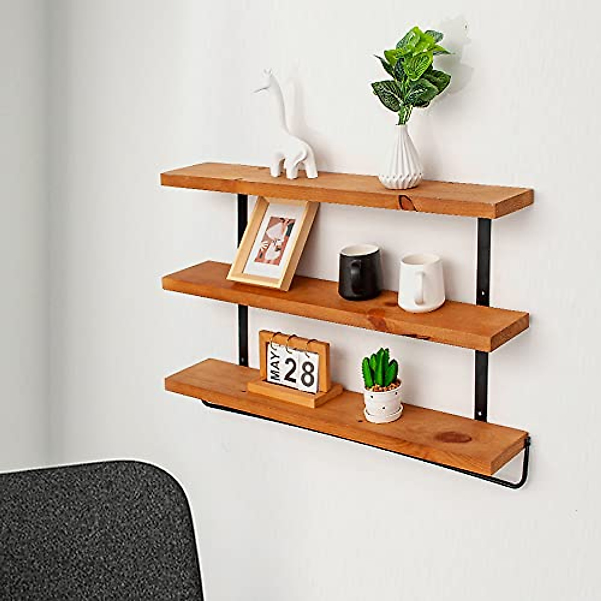 Coral Flower Industrial 3-Tier Floating Shelf with Towel Bar, Walnut