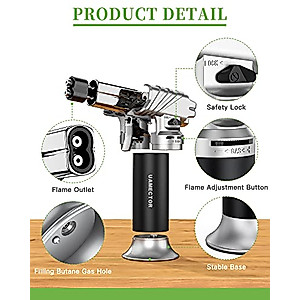 Uamector Butane Torch, Upgraded Refillable Kitchen Torch Lighter with Adjustable Dual Strong Flame & Safety Lock, Blow Food Torch for BBQ, Baking, Brulee, Creme, Silver-sets (Butane Gas Not Included)