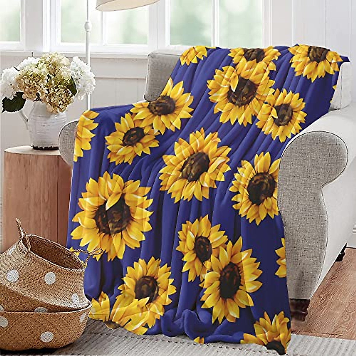 Positive Sunflower Blanket Gifts for Girls Boy, Blue Floral Throw Blanket Sunflower Gift for Sunflower Lover Decor Plush Soft Lightweight Flannel Fleece Blankets for Sofa Couch Chair 60x50In Teens
