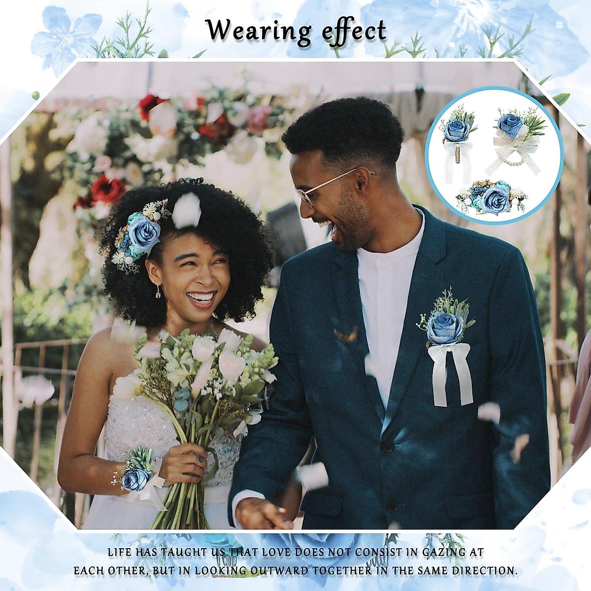 Footfox Blue Rose Corsage and Boutonniere Set with Bridal Hair Comb, Corsages for Wedding