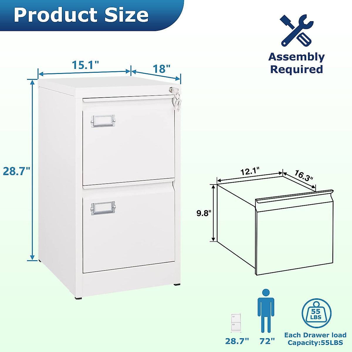 AFAIF 2 Drawer File Cabinet with Lock, Cabinets for Home Office,18/'' Deep Vertical Metal White Office Storage Organizer Letter/Legal / A4 F4 Size, and Folders, 2 Drawer-white