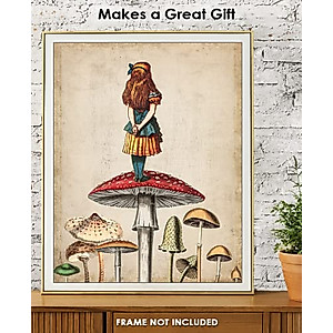Whimsical Alice Atop Mushrooms Wall Art Print - 11x14 Unframed Picture For Home, Office, Classroom, Dorm, Living Room & Bedroom Decor - Creative Gift Idea For Alice Fans