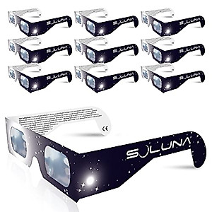 Soluna Solar Eclipse Glasses - CE and ISO Certified Safe Shades for Direct Sun Viewing - Made in the USA (10 Pack)