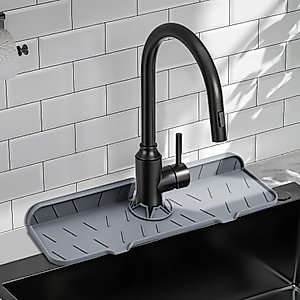Meiliweser Silicone Faucet Splash Guard Gen 2 - Outlet & Slope Upgraded Faucet Water Catcher Mat - 15” x 5.5” - Sink Sponge Holder for Kitchen, Bathroom(Gray)