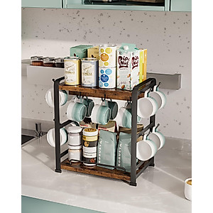 OROPY Coffee Bar Organizer with 14 Mug Hooks, Wood Coffee Mug Holder Stand for Countertop, 2 Tier Coffee Station Organizer for Coffee Cups, Mugs, Syrups, Accessories