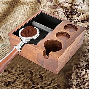 58mm Walnut Color Espresso Knock Box and Tamping Station, Coffee Machine Accessories Wooden Tool Storage Boxes for Tamper Distributor and Portafilter for Coffee Shops, Milk Tea Shops