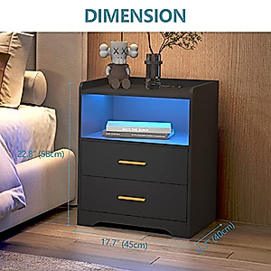 dnbss Black Nightstand with Charging Station, Night Stands with 24-Color RGB LED Lights, Smart Nightstand Black Bedside Table with Drawers, Modern Side Tables Bedroom