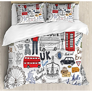 Ambesonne Hipster Duvet Cover Set, I Love London Double Decker Bus Telephone Booth Cab Crown of United Kingdom Big Ben, Decorative 3 Piece Bedding Set with 2 Pillow Shams, Queen Size, White Red