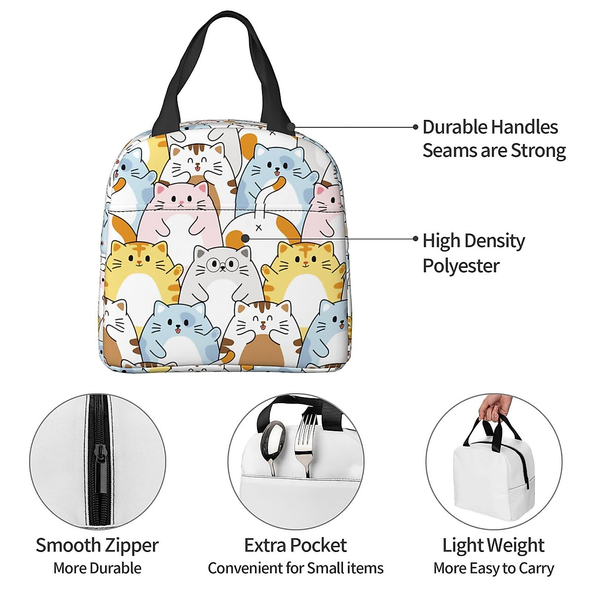 Echoserein Cute Cat Kawaii Kitten Lunch Bag Insulated Lunch Box Reusable Lunchbox Waterproof Portable Lunch Tote For Women Men Girls Boys