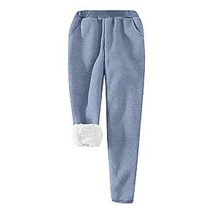 Blue Sweatpants Set for Women Winter Warm Thickened Fleece Lined Jogger Trousers Fall Outfits for Women Solid Color Bodysuits Leggings Fashion Pants with Pockets 3XL