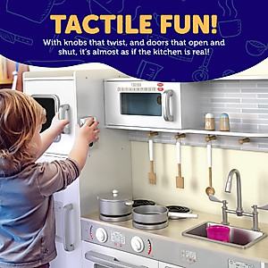 Play Kitchen - Wooden Kitchen Playset for Toddlers and Big Kids - Mini Pretend Toy for Boys and Girls with Cooking Stove, Oven, Pots, Pans, Phone, Microwave, Fridge, Sink, Utensils - Ages 3-8