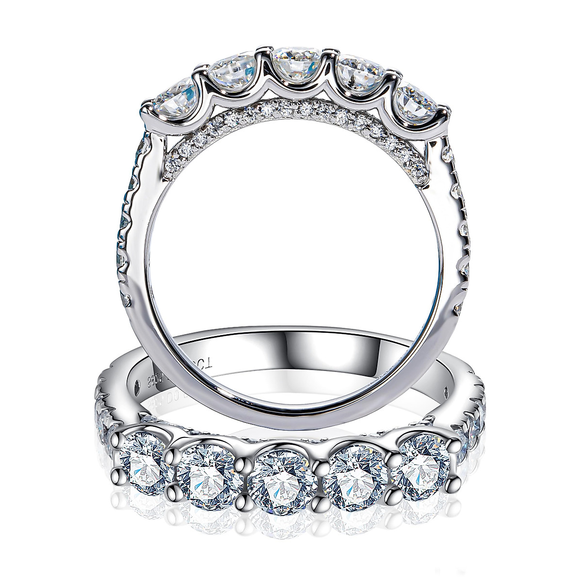 CannyCat 5 Stone Moissanite Half Eternity ring 4.0mm 2.1 CTTW Lab Created Diamond Wedding Band for Women VVS D color Moissanite Anniversary Engagement Eternity Bands Platinum Plated Silver Stacking