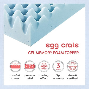 Best Price Mattress 4 Inch Egg Crate Memory Foam Mattress Topper with Cooling Gel Infusion, CertiPUR-US Certified, Short Queen Light Blue