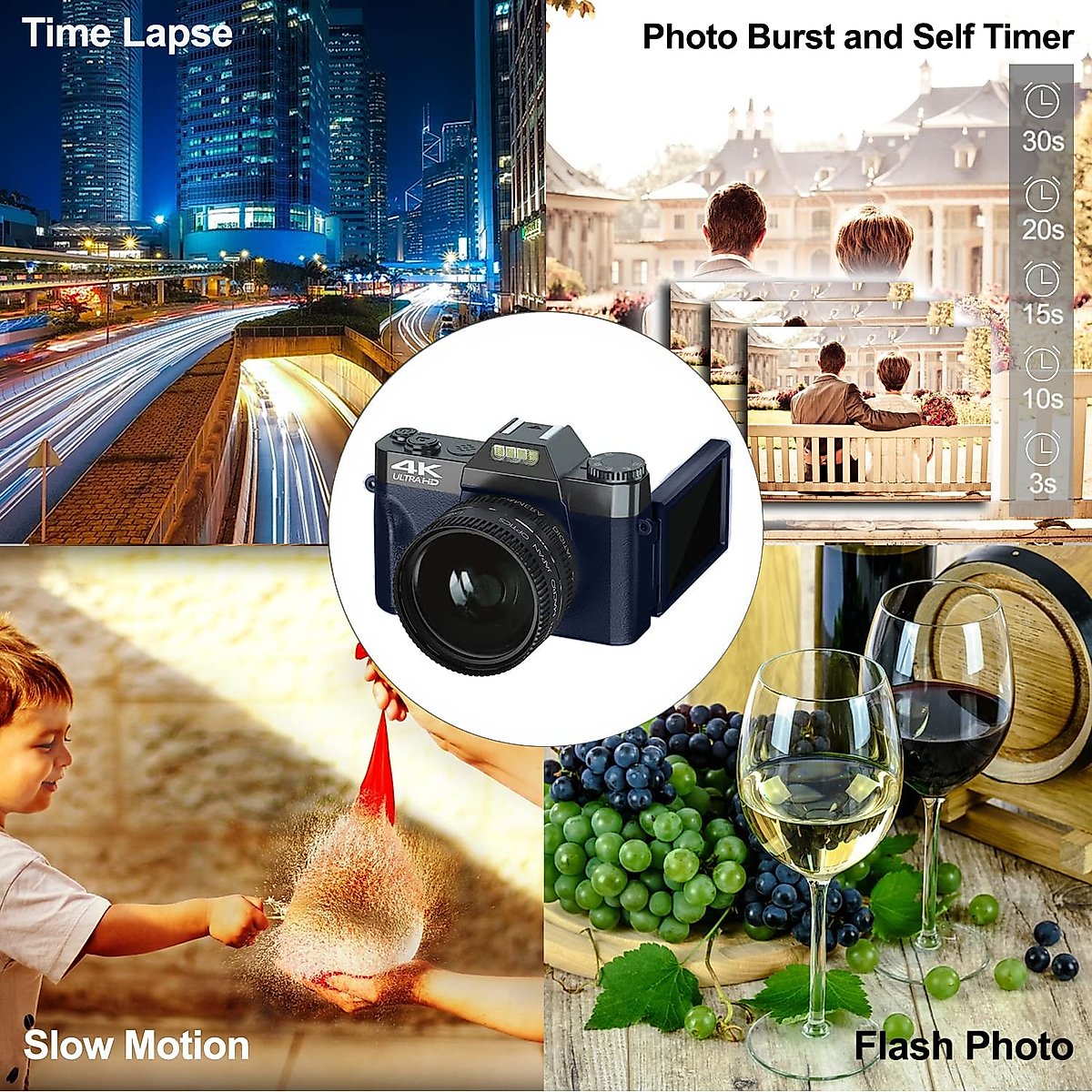 eDealz 4K 48MP Digital Camera Kit for Photography, Vlogging Camera YouTube with Flip Screen, WiFi, Wide Angle & Macro Lens, 64GB Micro SD Card, 50" Tripod, Case, Card Reader, Microphone, LED (Navy)