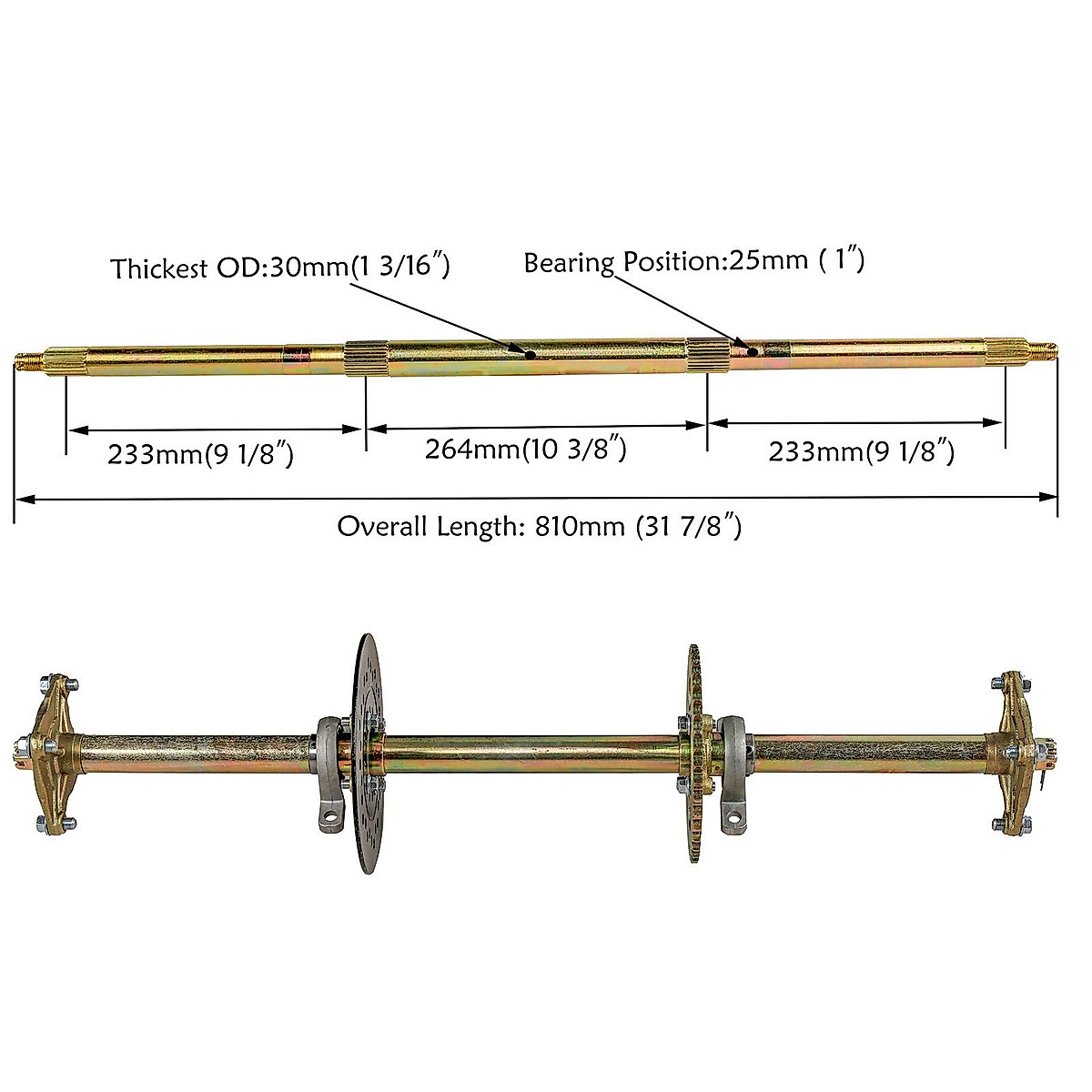 YC Yier 32" Go Kart Rear Live Axle Kit, 8" Complete Wheels Tires, 428 Sprocket, 4 Stud Hubs, Brakes, Front Steering Wheel Gear Rack Shaft Assembly for DIY Drift Trike Parts Golf Cart ATV Quad Buggy
