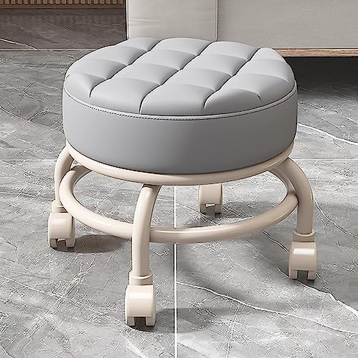 HYMIC Low Roller Stools with Universal Wheel PU Leather Rolling Stool Seats with Mute Wheels for Home Office Fitness Round Roller Seat Stool (Grey)