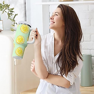 DIGTIA Stainless Steel Insulated Tumbler w/Handle & Straw, Lemons Yellow Double Wall Vacuum Travel Coffee Mug Cup w/Lid, Leak-Proof Sports Fruit Water Bottle,30oz