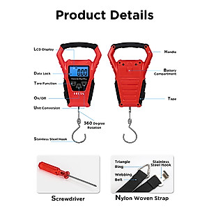 HEETA Waterproof Fish Scale Digital with Backlit LCD Display, 110lb/50kg Portable Hanging Scale Fishing Scale for Home and Outdoor, Measuring Tape and 2 AAA Batteries Included (Red)