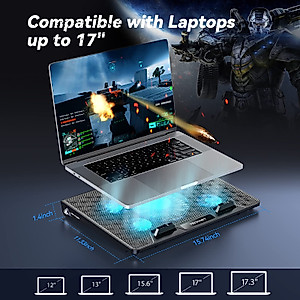 TECKNET 12 ''-17 ''inch Laptop Cooling Pad,5 Quiet Cooling Fans Laptop Cooler with 5 Adjustable Height, Laptop Cooling Stand for with Speed Controller, 2 USB Port - Blue