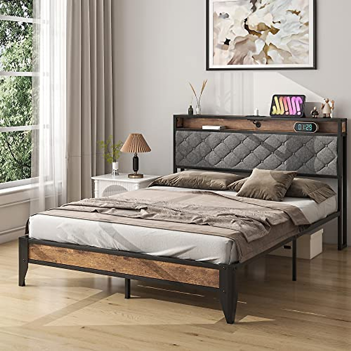 Osfvolr Queen Bed Frame with Charging Station and LED Light, Platform Bed Frame with 2 Tier Storage Upholstered Linen Headboard, Heavy Duty Metal Structure, 12 inch Under Bed Storage, Noise Free