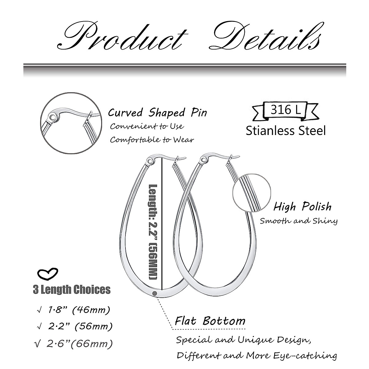 FIBO STEEL 6 Pairs Hoop Earrings for Women Teardrop Hoop Earrings Set 40-60MM