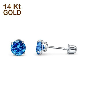 14k White Gold Round Solitaire Stud Earrings with Screw Back Blue Topaz CZ Size-4mm