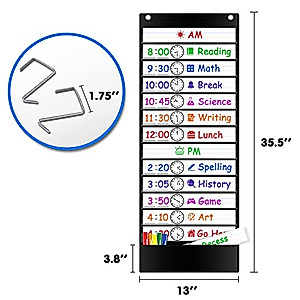 VNOM Daily Schedule Pocket Chart, Class Schedule with 13+1 Pockets 18 Dry Eraser Cards 2 Easy Over Door Mountings for Classroom, School, Office or Home (13” x 35.5”) (BLACK)