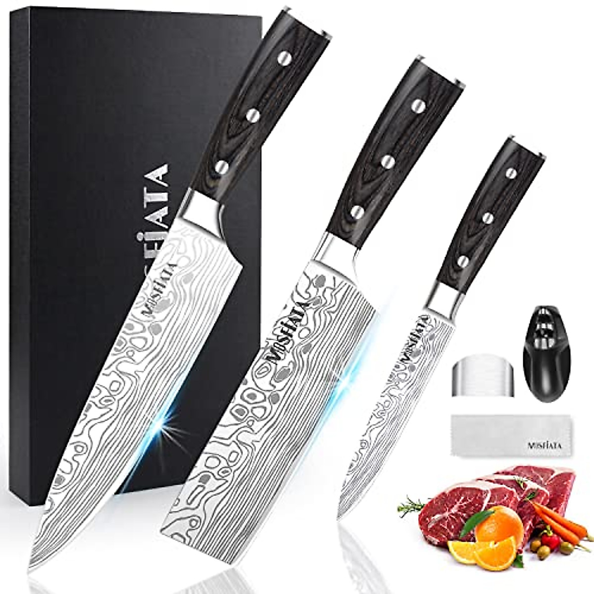 MOSFiATA Professional Chef Knife Set with German High Carbon Stainless Steel Kitchen Knife Set 3 PCS-8" Chefs Knife &7" Nakiri Knife&5" Utility Knife, Knives Set for Kitchen with Gift Box