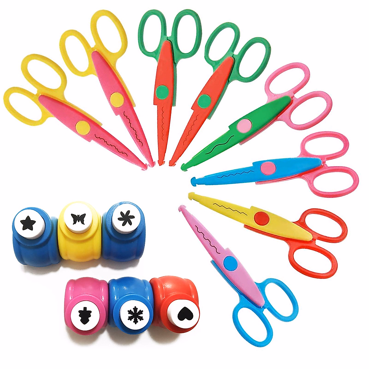 14PCS Creative Scissors & Craft Punch, 6 Different Patterns Edging Scissors + Paper Punch for Teachers Kids DIY Photo Scrapbooking Album - Colorful